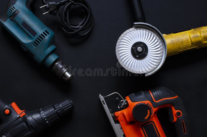 Construction Worker Tools on a Dark Background Top View. Stock Image ...