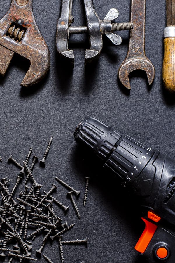 Construction Worker Tools on a Dark Background Top View Stock Image ...