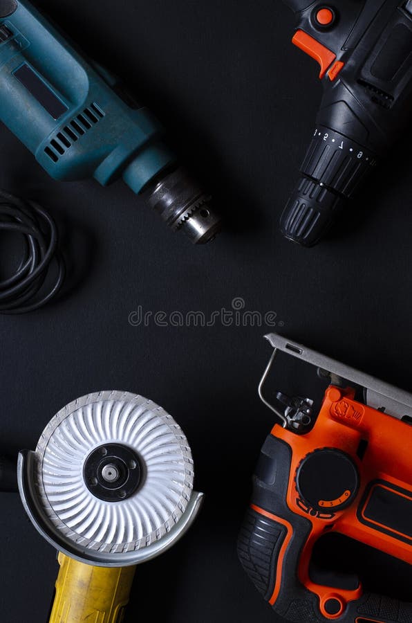 Construction Worker Tools on a Dark Background Top View Stock Photo ...