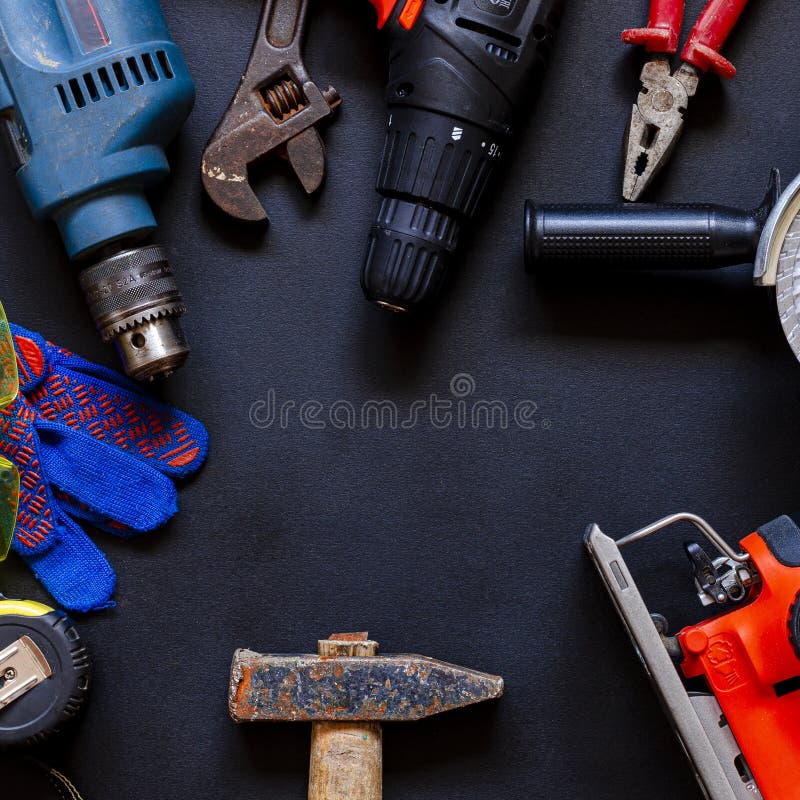 Construction Worker Tools on a Dark Background Top View Stock Image ...
