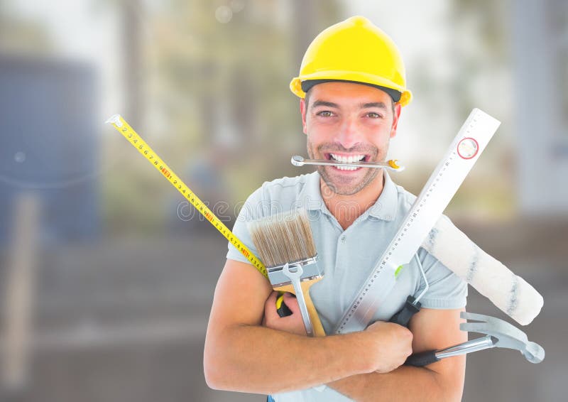 Construction Worker with Tools in Front of Construction Site Stock ...