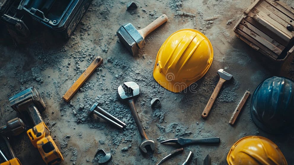 Construction Worker Tools Laid Out on Dusty Floor . Stock Image - Image of work, dusty: 397350785