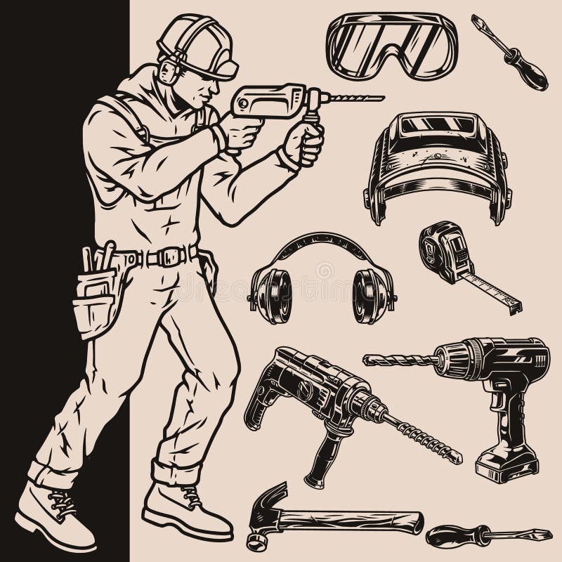 Construction Worker and Tools Elements Set Stock Vector - Illustration ...