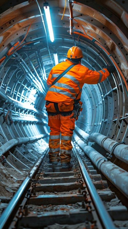 Construction Worker in a Tunnel, Inspecting the Structure, Underground ...
