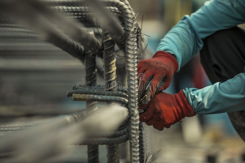 Construction Worker Tying Rebar with Precision in a Building Site Stock ...