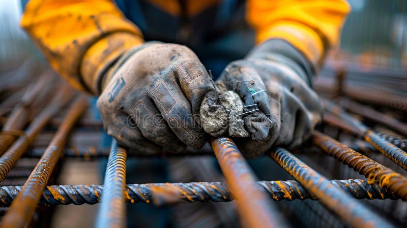 Construction Worker Tying Rebar on Construction Site, Close-up of ...