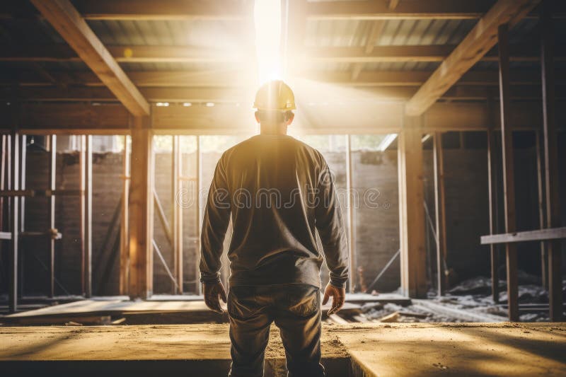 Construction Worker in Unfinished Interior Space Under Daylight in ...