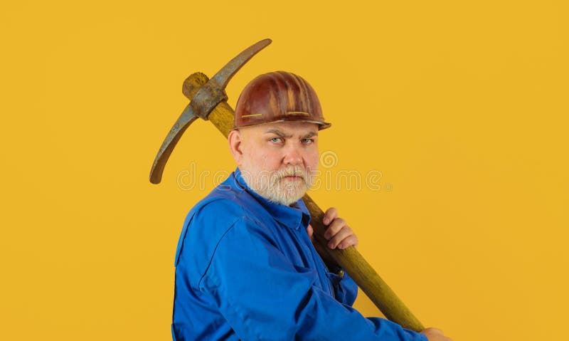 Construction Worker in Uniform with Pickaxe. Miner Man with Pickaxe ...