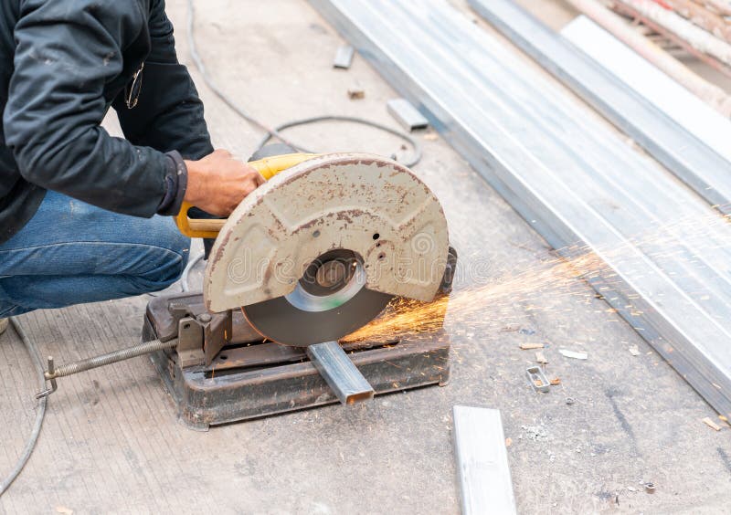 Construction Worker Use Electric Fiber Cutting Square Metal Stock Image ...