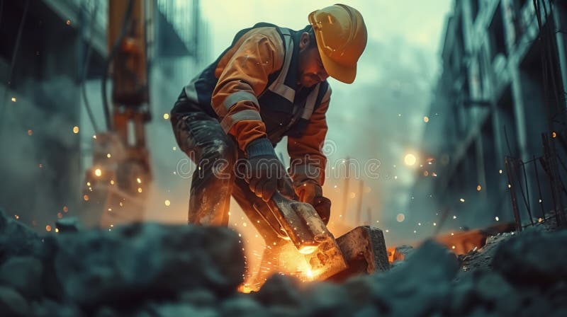 A Construction Worker Uses a Jackhammer To Break Up Concrete during ...