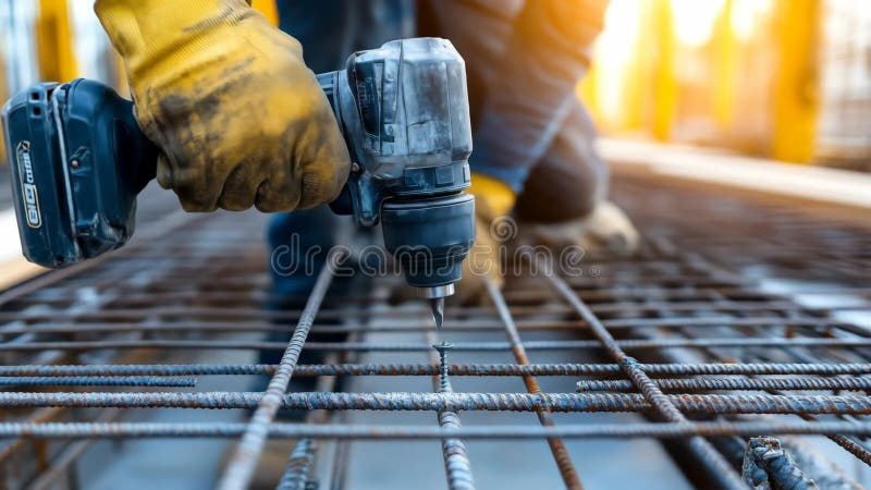 A Construction Worker Uses a Power Tool on Reinforcing Steel, Ensuring ...