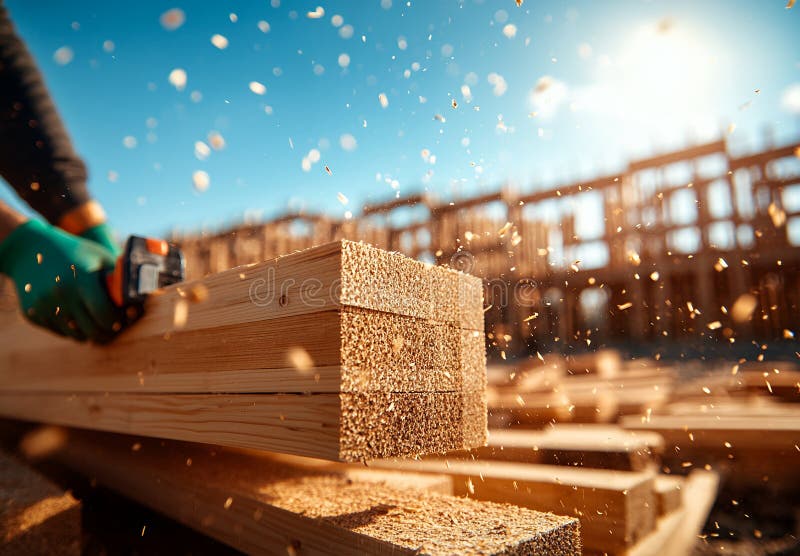 A Construction Worker Uses a Power Tool To Precisely Cut Lumber at a ...