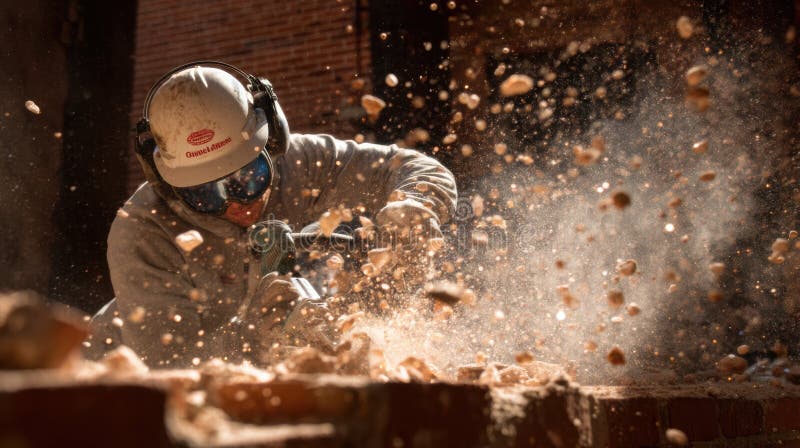 Construction Worker Uses Power Tool To Shape Bricks during Renovation ...