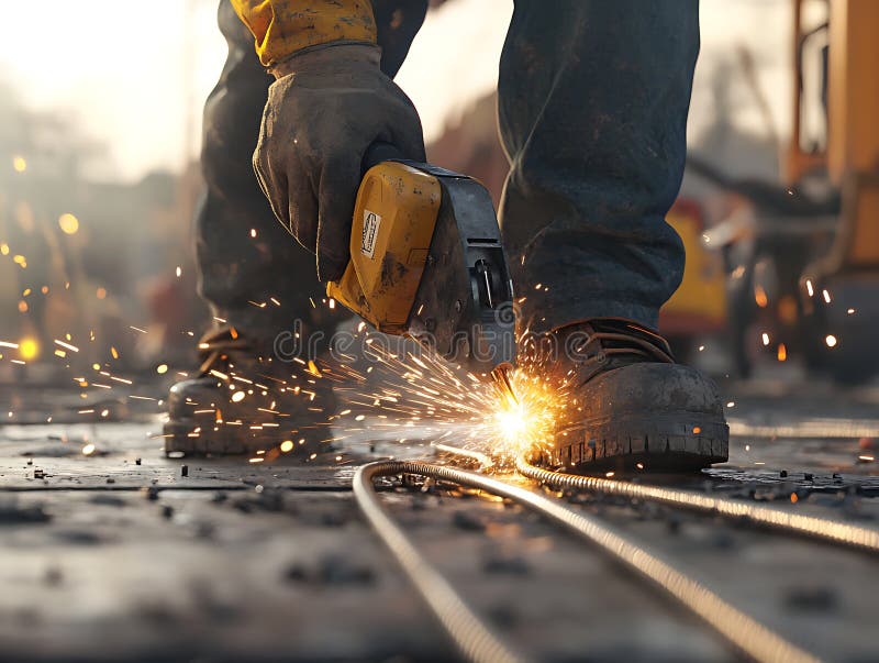 Construction Worker Using Angle Grinder with Sparks Flying Around Stock ...