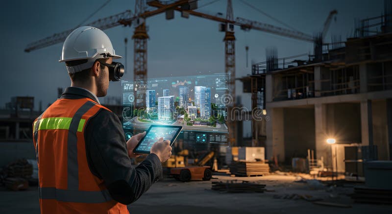 Construction Worker Using Augmented Reality at Building Site Stock ...