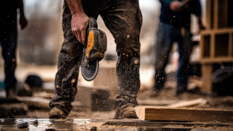 Construction Worker Cutting Wood with Circular Saw on Building Site ...