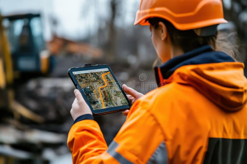 Construction Worker Using Digital Tablet To View Map of Construction ...