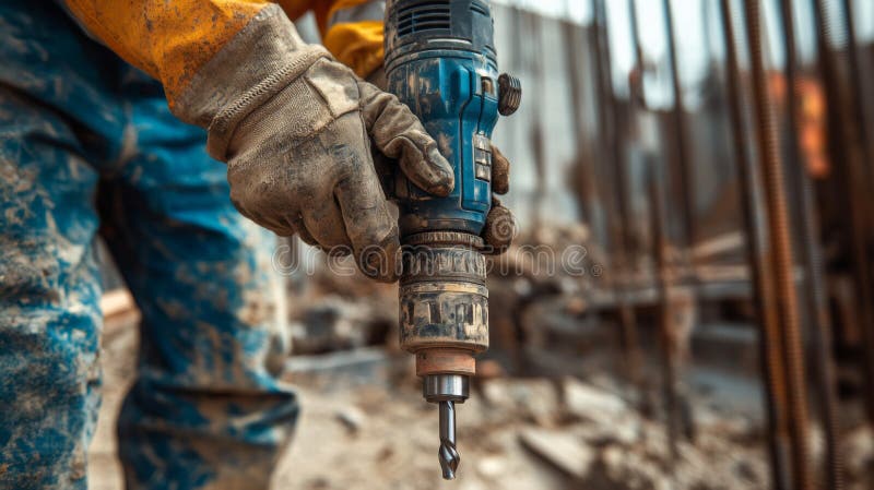 Construction Worker Using a Drill with a Metal Drill Bit Stock ...