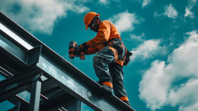 Construction Worker Using a Drill on a Steel Beam Stock Illustration ...