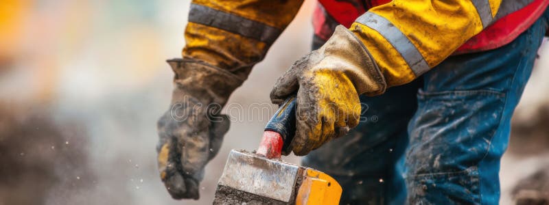 Construction Worker Using Equipment To Break Ground at a Worksite ...