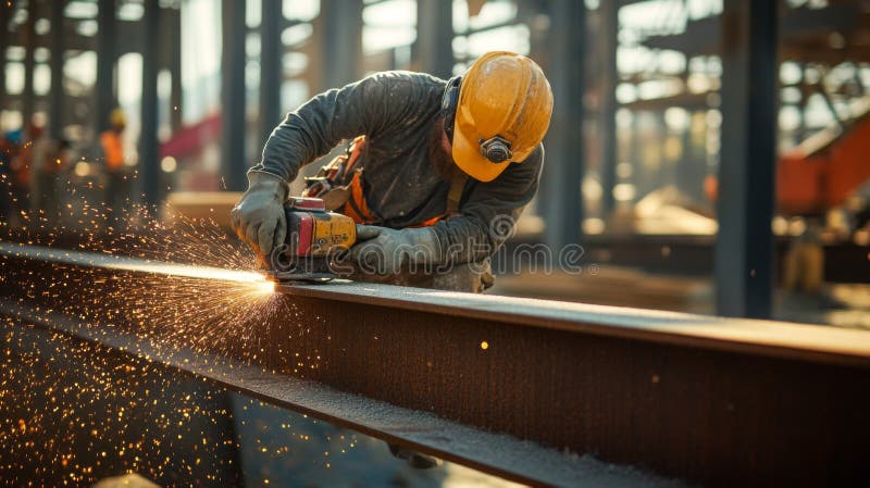 Construction Worker Using Grinder on Steel Beam Stock Illustration ...