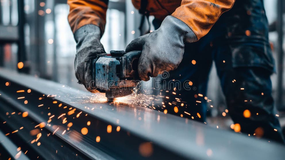 Construction Worker Using Grinder on Steel Beam Stock Image - Image of ...