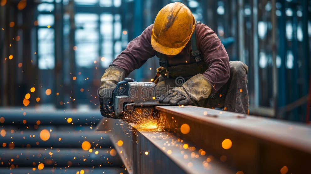 Construction Worker Using a Grinder To Cut Metal Stock Illustration ...