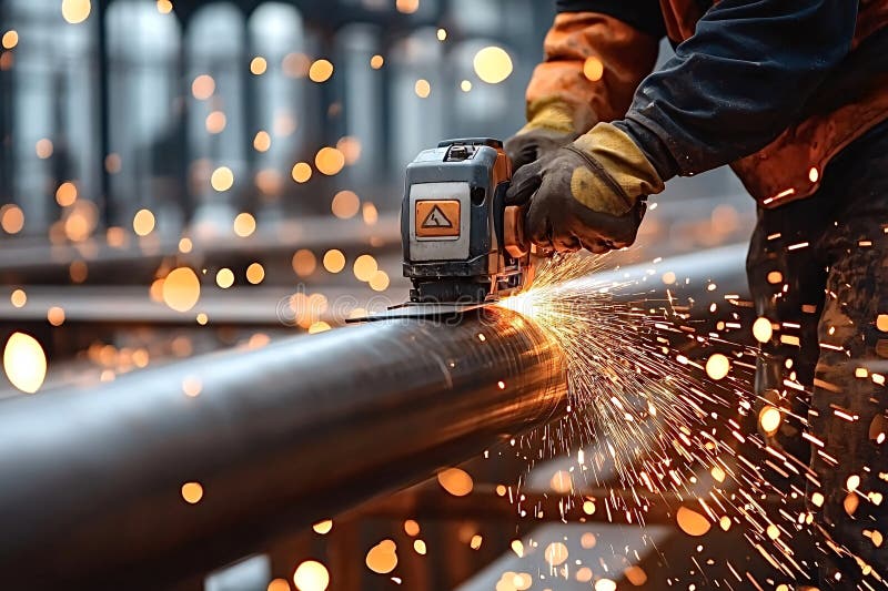 Construction Worker Using Grinding Tool on Metal Pipe Creating Sparks ...
