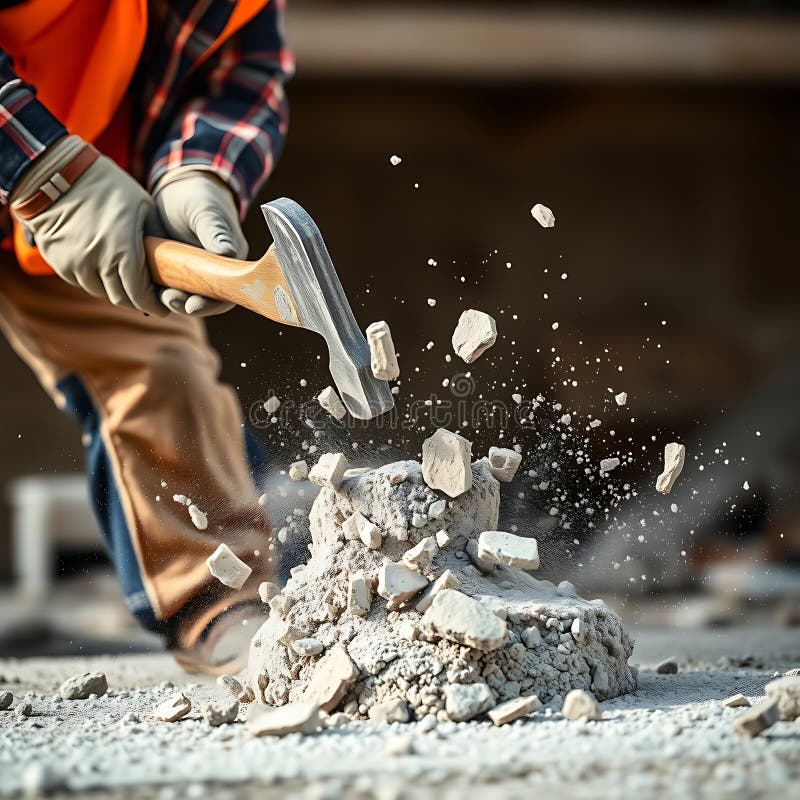 A Construction Worker Using a Hammer To Break Concrete with Pieces ...