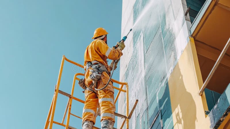 Construction Worker Using High Pressure Water Jet To Clean Building ...