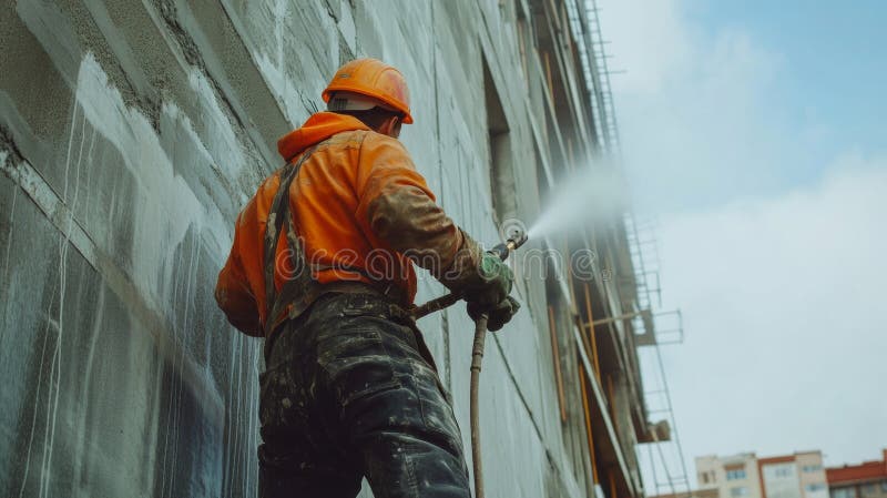 Construction Worker Using High Pressure Water Jet To Clean Building ...