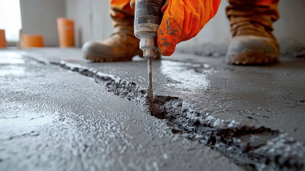 Construction Worker Using an Industrial-grade Concrete Injection Tool ...