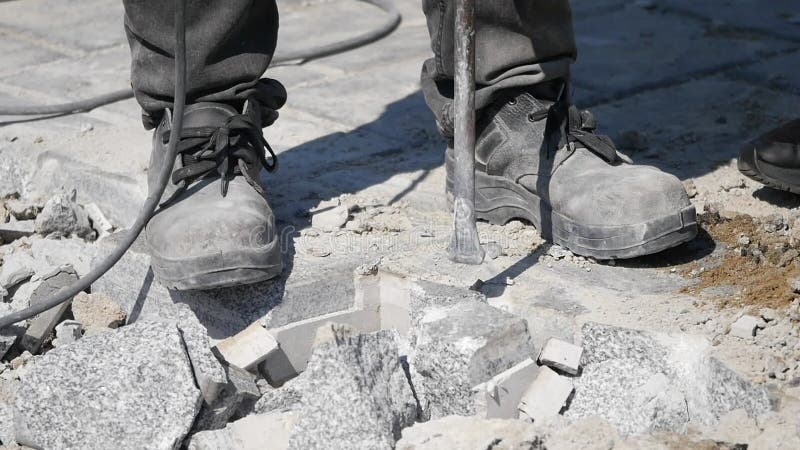 Construction Worker Using Jackhammer on Pavement in City Stock Video ...
