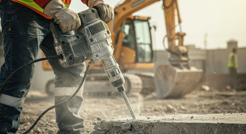 Construction Worker Using Jackhammer To Break Concrete Stock ...