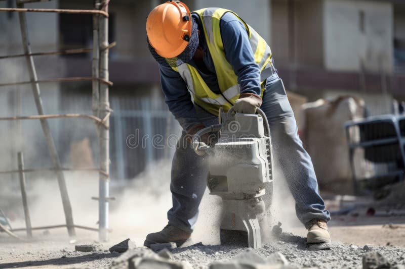 A Construction Worker Using a Jackhammer To Break Concrete in a ...