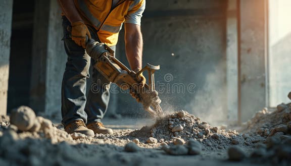 Construction Worker Using Jackhammer To Break Reinforced Concrete ...