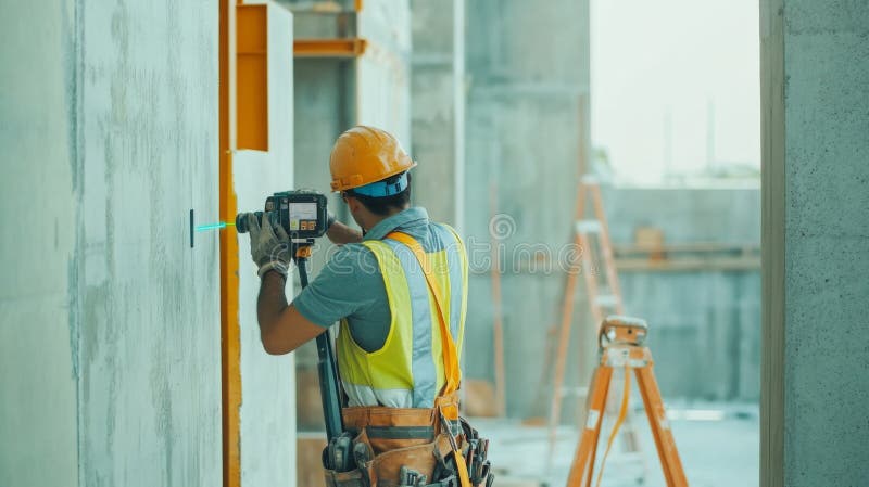 Construction Worker Using Laser Level on Concrete Wall Stock ...