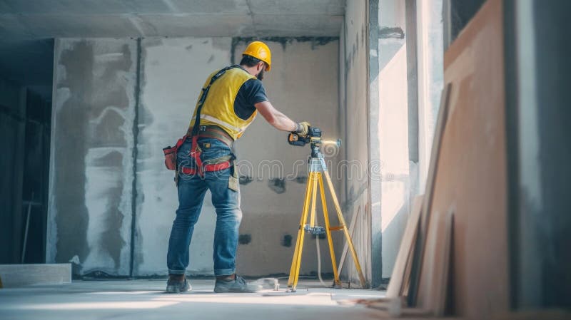 Construction Worker Using Laser Level on Wall Stock Illustration ...