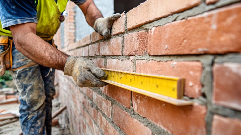 Construction Worker Using Level on Brick Wall Stock Illustration ...