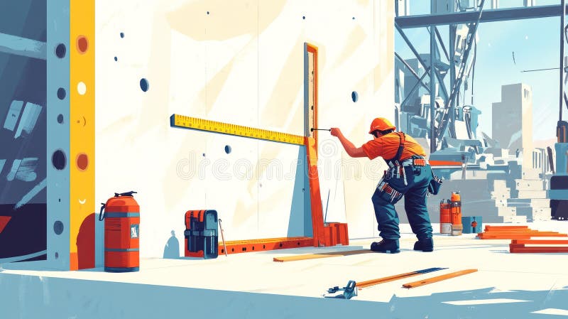 Construction Worker Using Level Measuring Tools Illustration Stock ...
