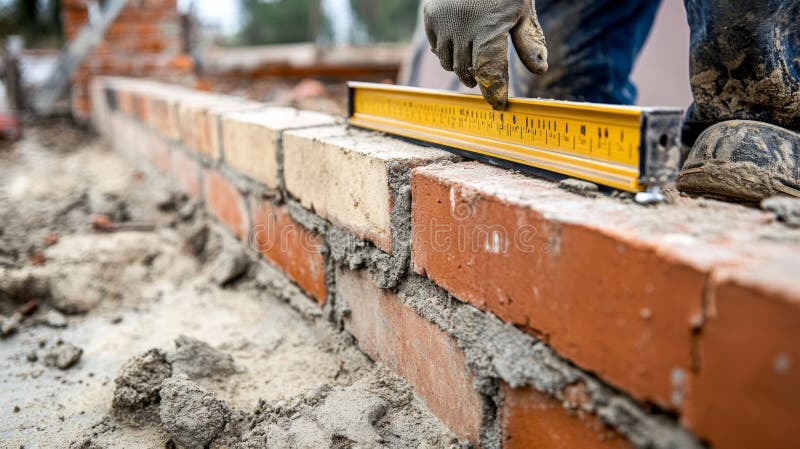 Construction Worker Using Level To Check Brick Wall Alignment Stock ...