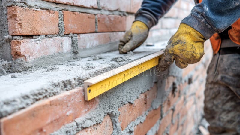 Construction Worker Using Level To Ensure Brick Wall Evenness Stock ...
