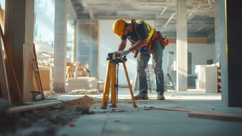 Construction Worker Using a Leveling Instrument on a Construction Site ...