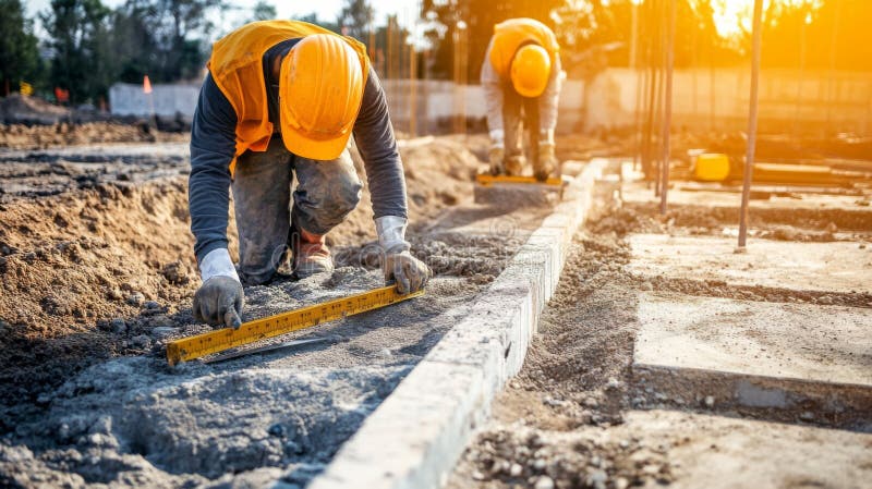 Construction Worker Using Leveling Tool on Concrete Stock Illustration ...