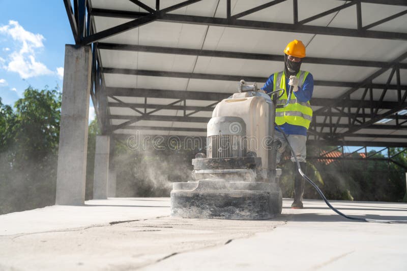 A Construction Worker Using Machine Polishing Surface Floor Smoothing ...