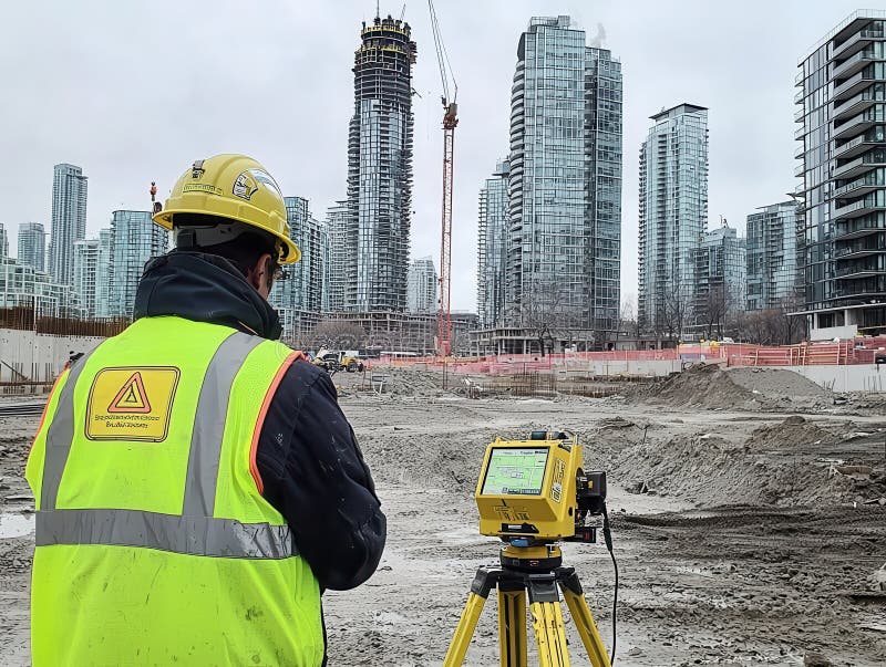 Construction Worker Using Measurement Equipment at Urban Site with ...