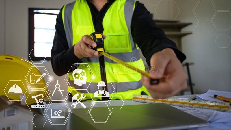 Construction Worker Using Measuring Tape with Digital Innovation and ...