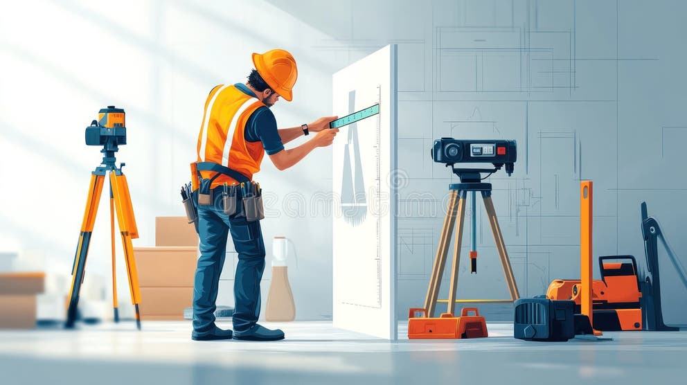 Construction Worker Using Measuring Tools Illustration Stock Photo ...