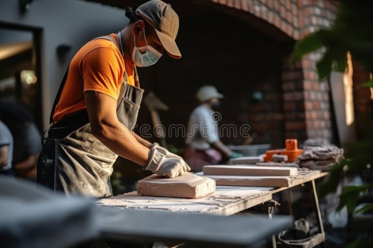 Construction Worker Using Pan Knife To Skillfully Build Brick Walls ...