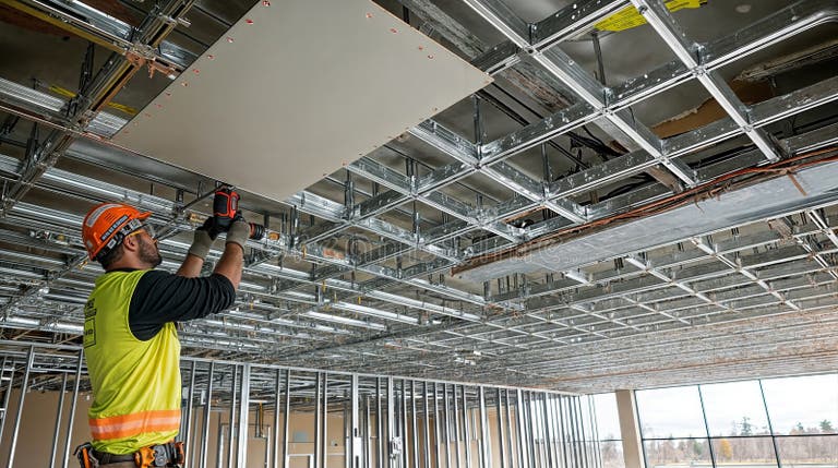 Construction Worker Installing Drywall on Ceiling Grid System in ...